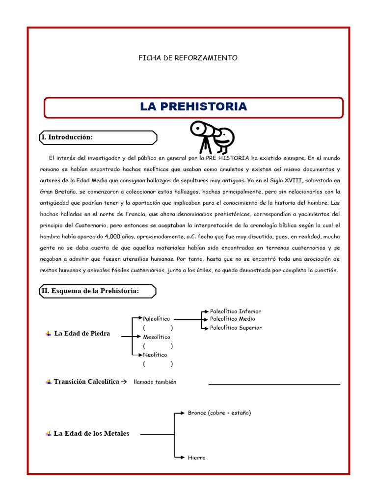 FICHA DE REFORZAMIENTO-LA PREHISTORIA | PDF | Paleolítico | Edad de Piedra