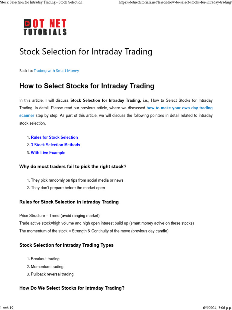Stock Selection For Intraday Trading | PDF | Day Trading | Market Trend