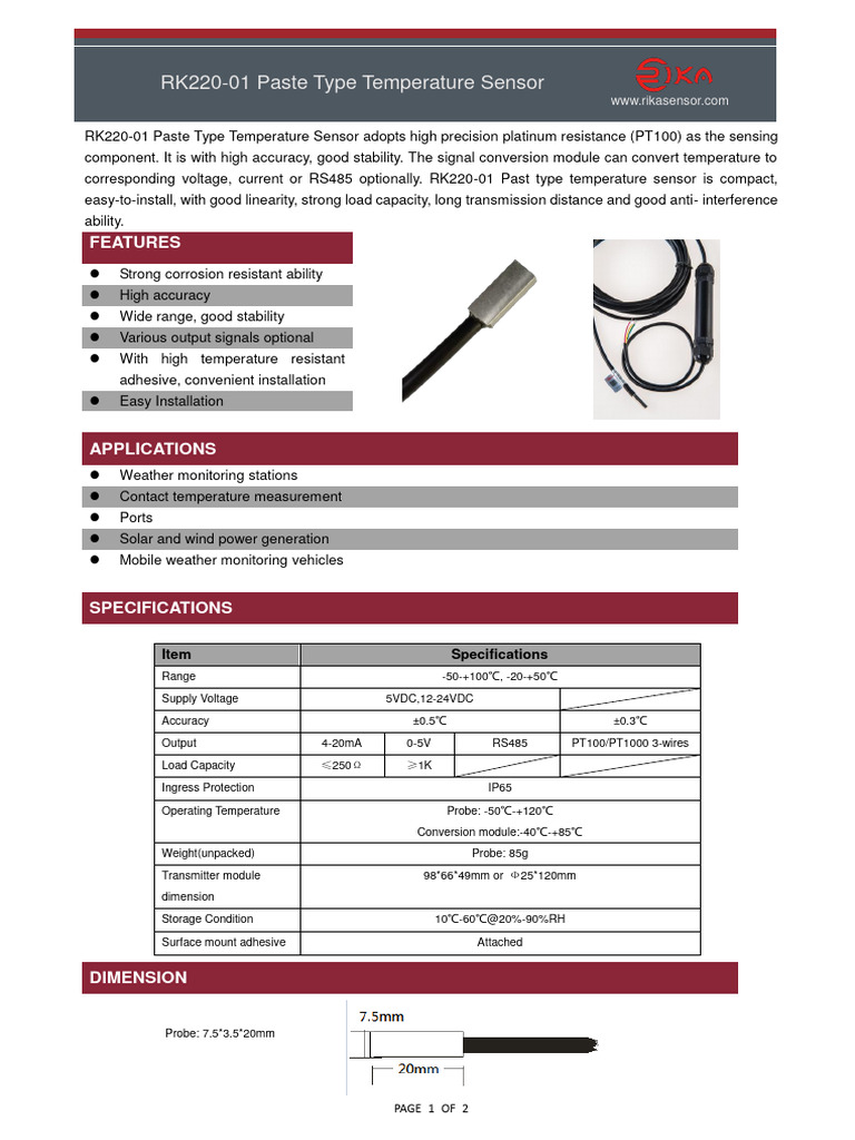RK220-01 Paste Type Temperature Sensor: Features | PDF | Sensor ...