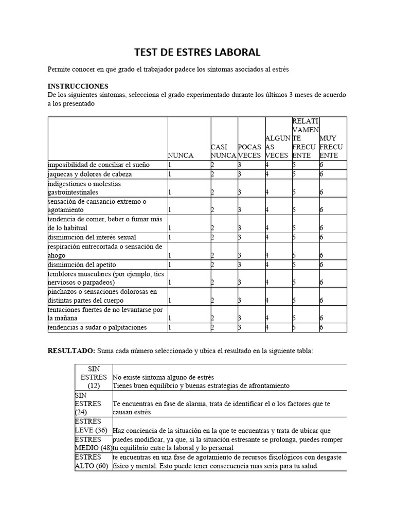 Test de Estres | PDF | Estrés (biología) | Enfermedades y trastornos ...