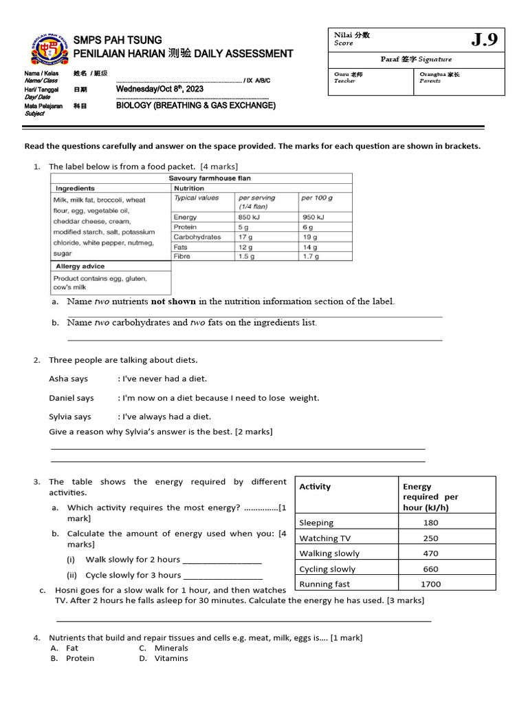 Unit Test Food & Nutrition - G7 2022 | PDF | Foods | Diet (Nutrition)