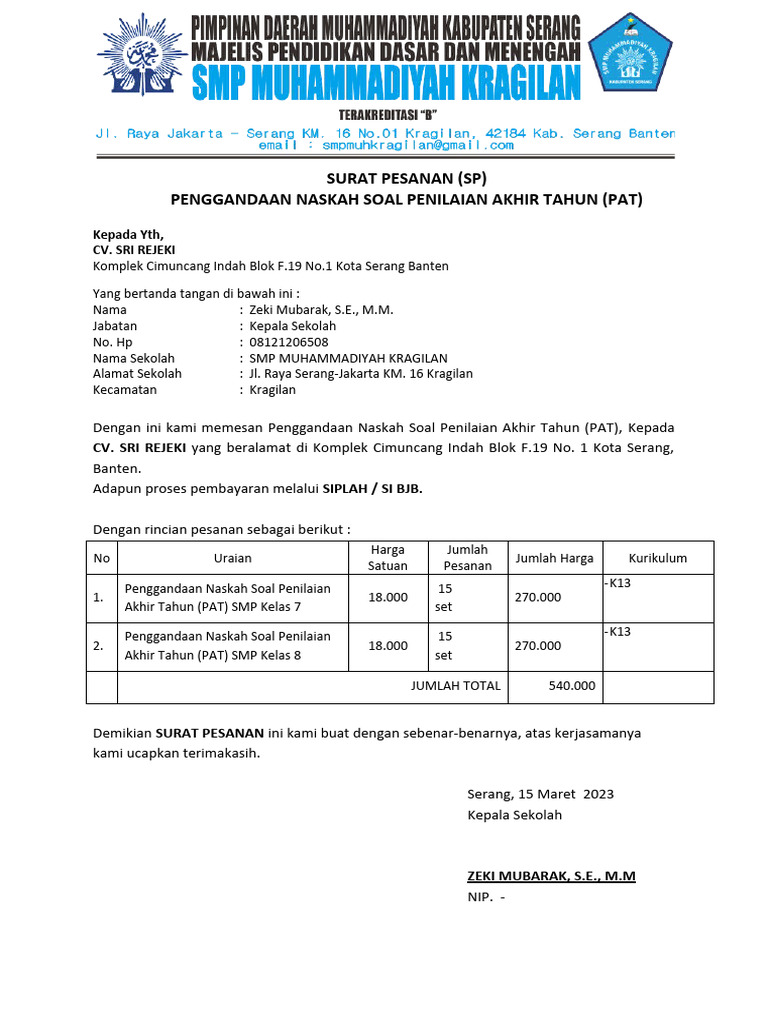 Surat Pesanan Soal Pat 2023 | PDF