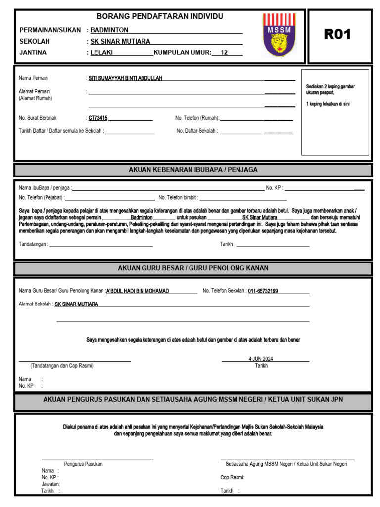 Borang Pendaftaran R01 Bola Sepak | PDF