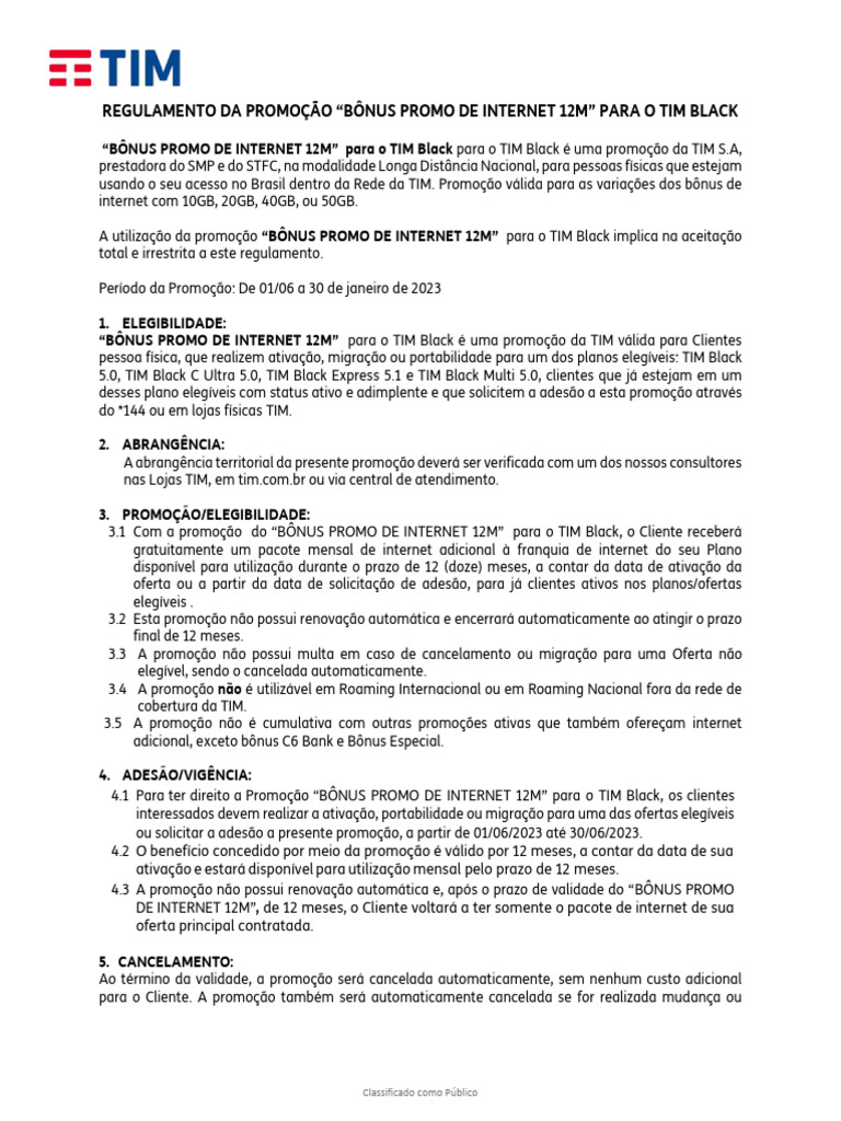 Promoção TIM Black: Bônus de Internet | PDF | Internet