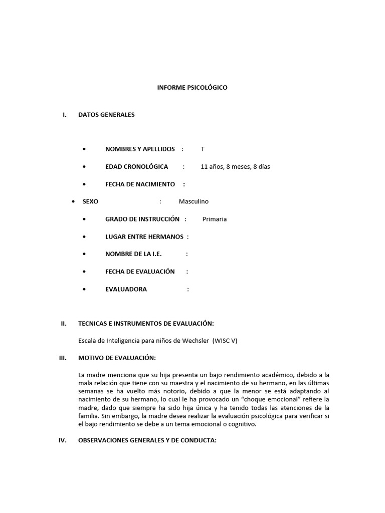 Informe Psicológico Wisc V | PDF | Cociente de inteligencia | Ciencias del comportamiento