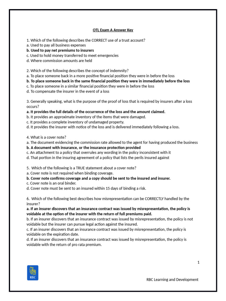 OTL Exam A Answer Key New Cohort | PDF | Insurance | Home Insurance
