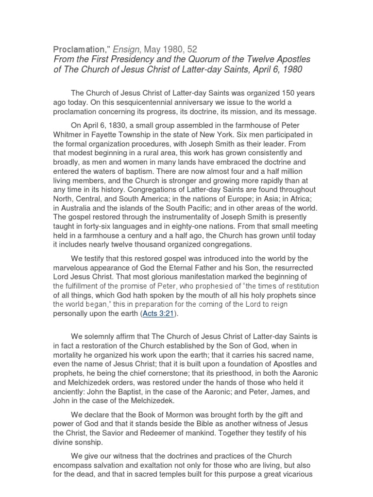 Proclamation | PDF | Revelation (Latter Day Saints) | The Church Of ...