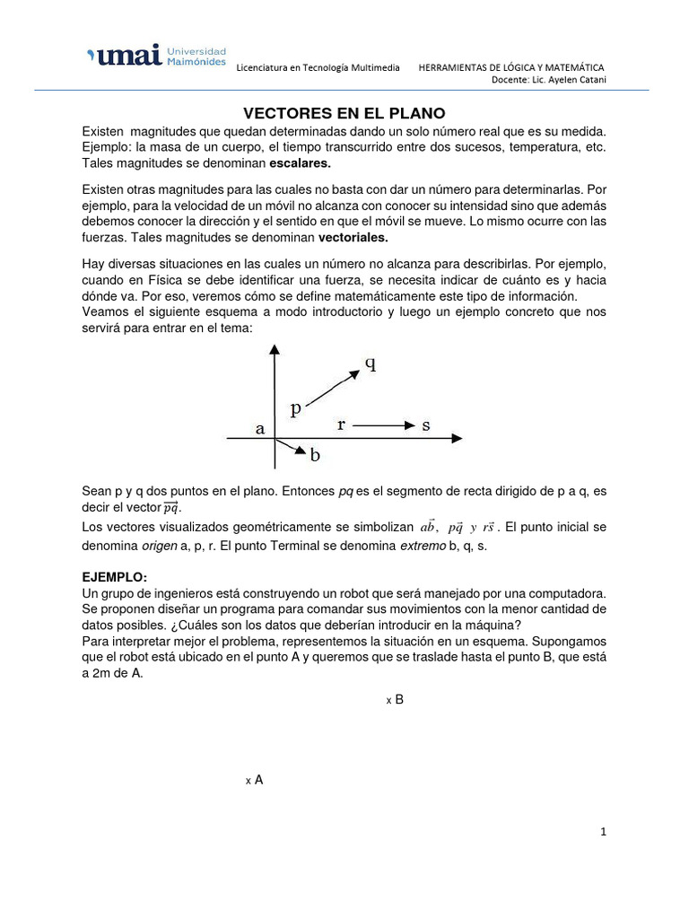 Apunte Vectores en El Plano 2020 UMAI | PDF | Vector Euclidiano | Escalar (Matemáticas)