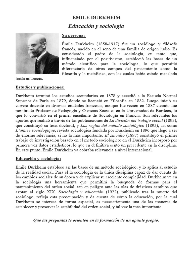 (Final) Guía de Lectura - Durkheim, Educación y Sociología | PDF | Emile Durkheim | Sociología