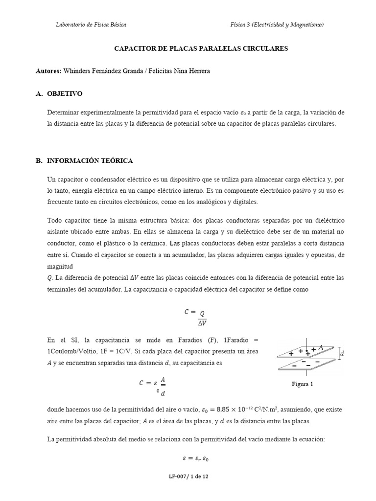 Capacitor de Placas Paralelas Circulares Labkc | PDF | Condensador | Capacidad