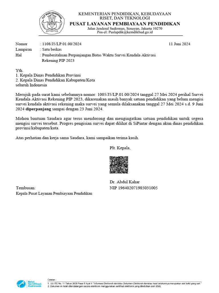 Surat Perpanjangan Survei Aktivasi PIP 2023 | PDF