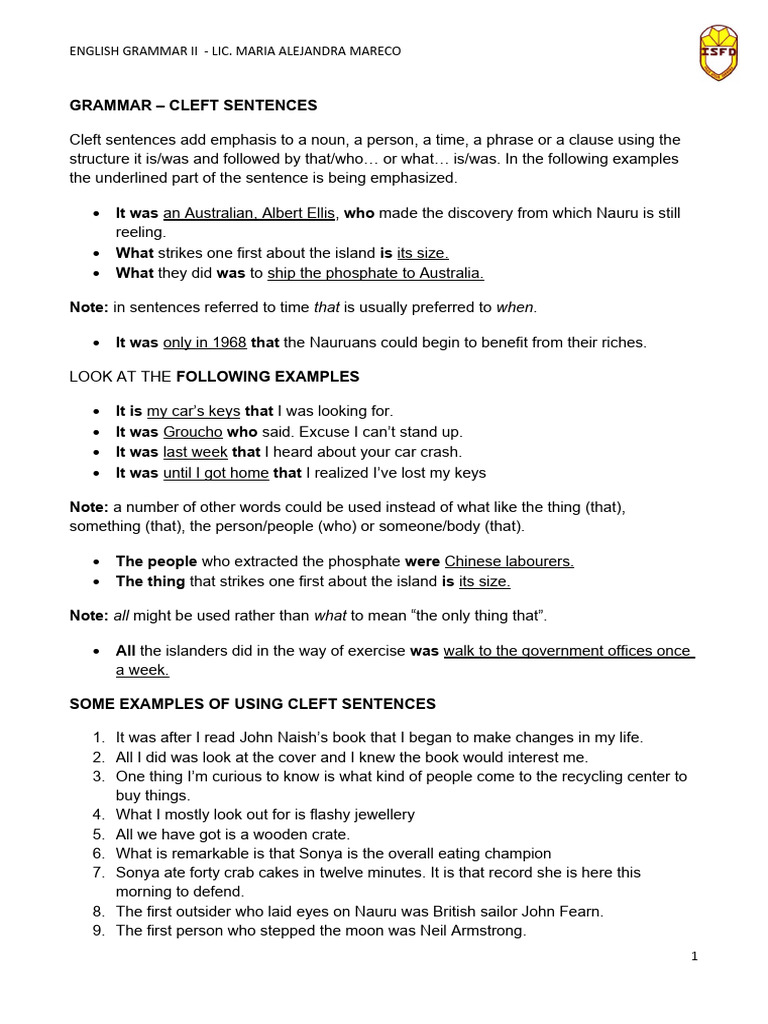 Cleft Sentences Grammar Drills Grammar | PDF | Sentence (Linguistics ...