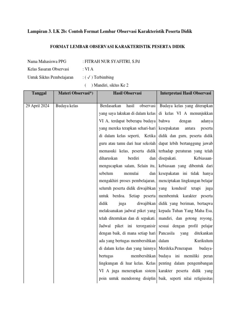Siklus 2 Lampiran 3. LK 2b Contoh Format Lembar Observasi Karakteristik ...