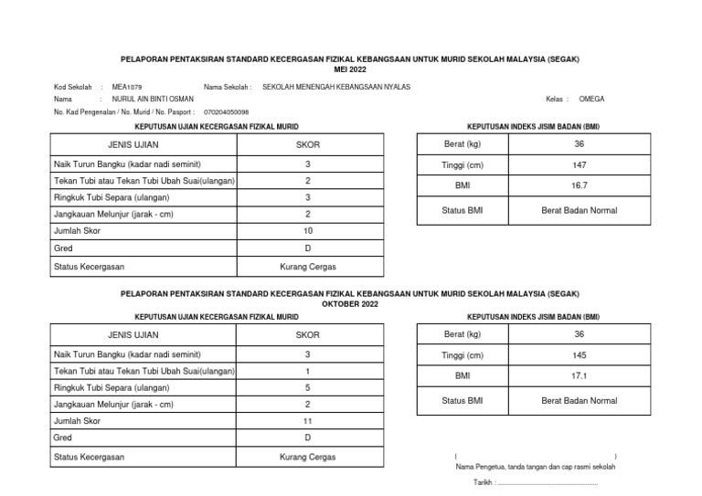 Pelaporan Pentaksiran Standard Kecergasan Fizikal Kebangsaan Untuk ...