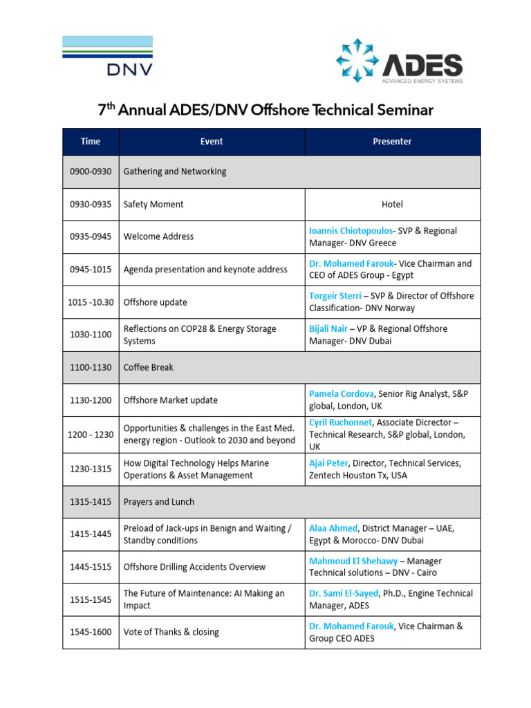 7th Annual ADES-DNV Offshore Technical Seminar - Agenda | PDF