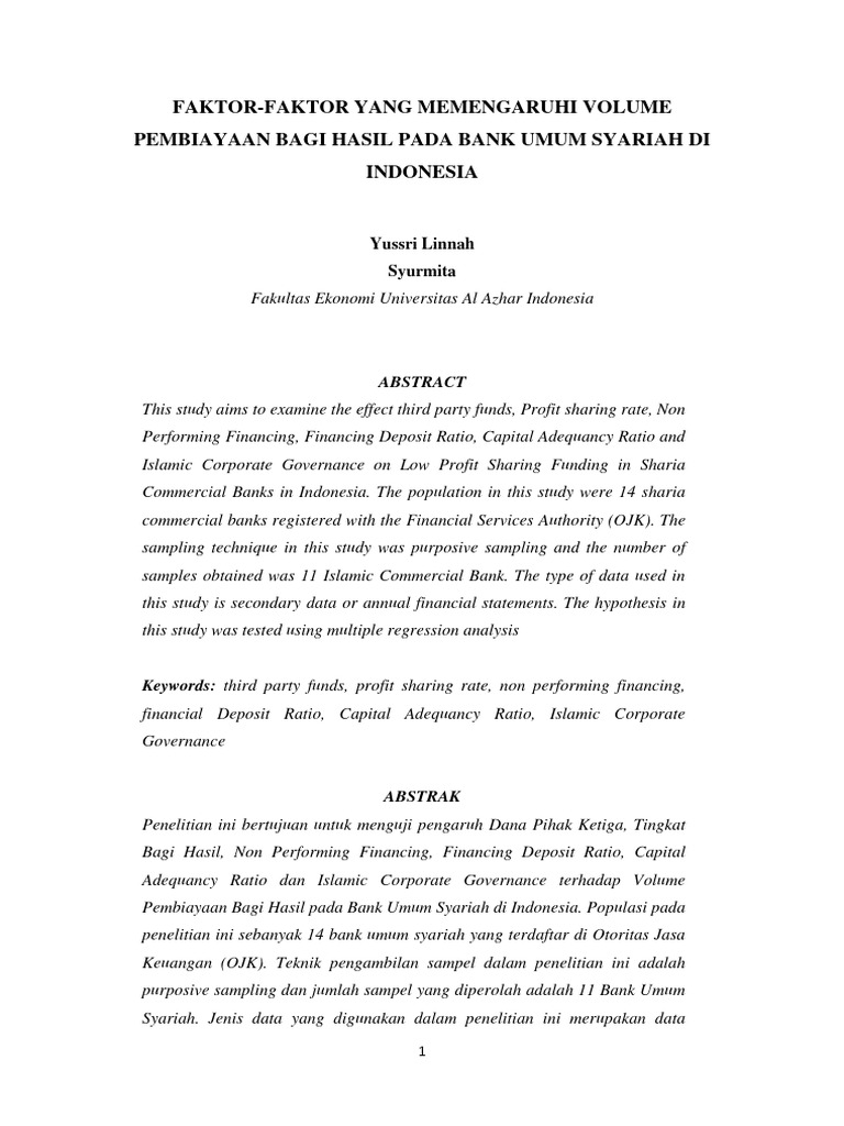 FAKTOR-FAKTOR YANG MEMENGARUHI VOLUME PEMBIAYAAN BAGI HASIL PADA BANK UMUM SYARIAH DI INDONESIA ...