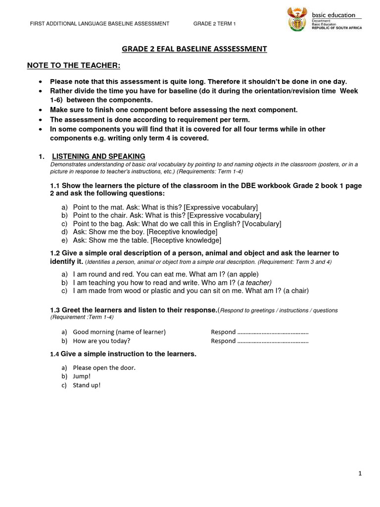 English FAL 2024 Baseline Assessment Grade 2 | PDF | Vocabulary ...