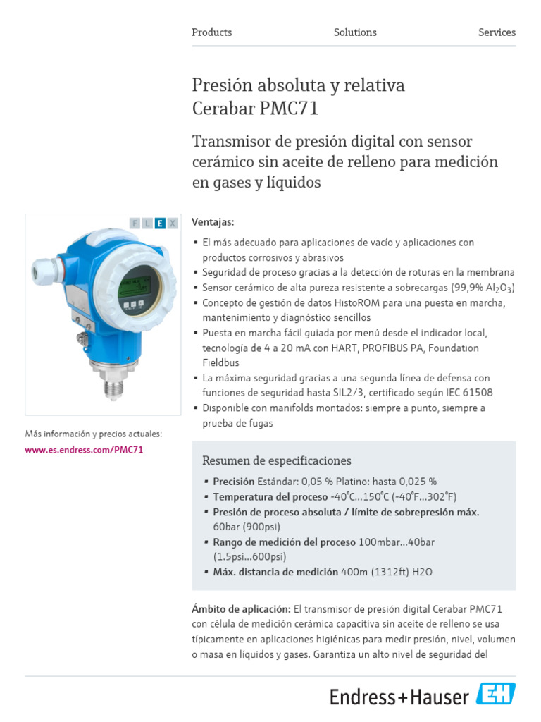 Endress-Hauser Cerabar S PMC71 ES | PDF | Presión | Sensor