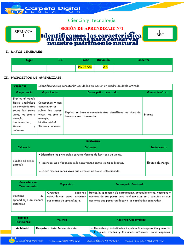1° Sesión de Aprendizaje Sesión 1-Sem.1-Exp.4-Cyt | PDF | Aprendizaje | Biodiversidad