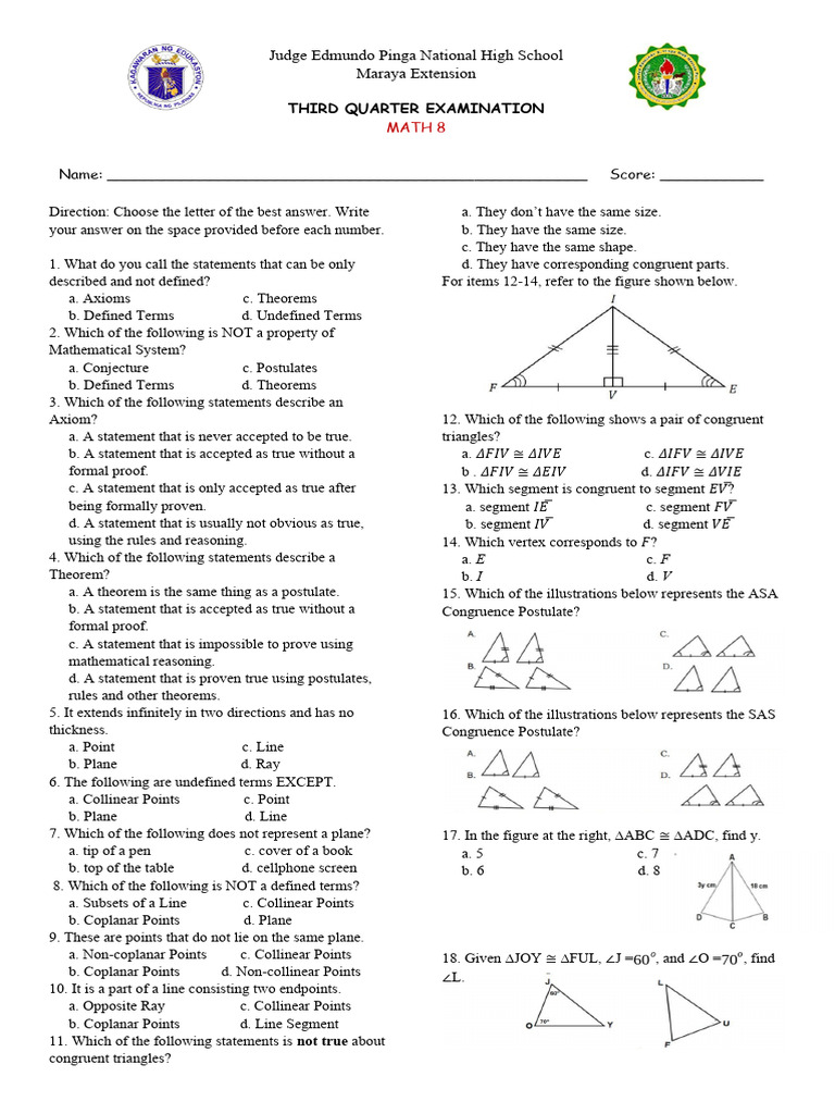 Math8 Q3 Exam | PDF | Perpendicular | Line (Geometry)