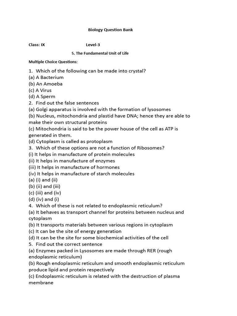 9th+level 3+Biology+Question+Bank | PDF | Tissue (Biology ...