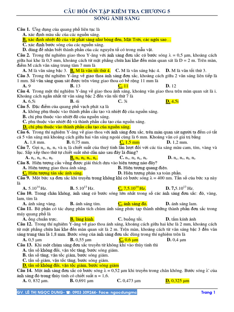 CÂU HỎI ÔN TẬP KIỂM TRA CHƯƠNG 5 - dapan | PDF