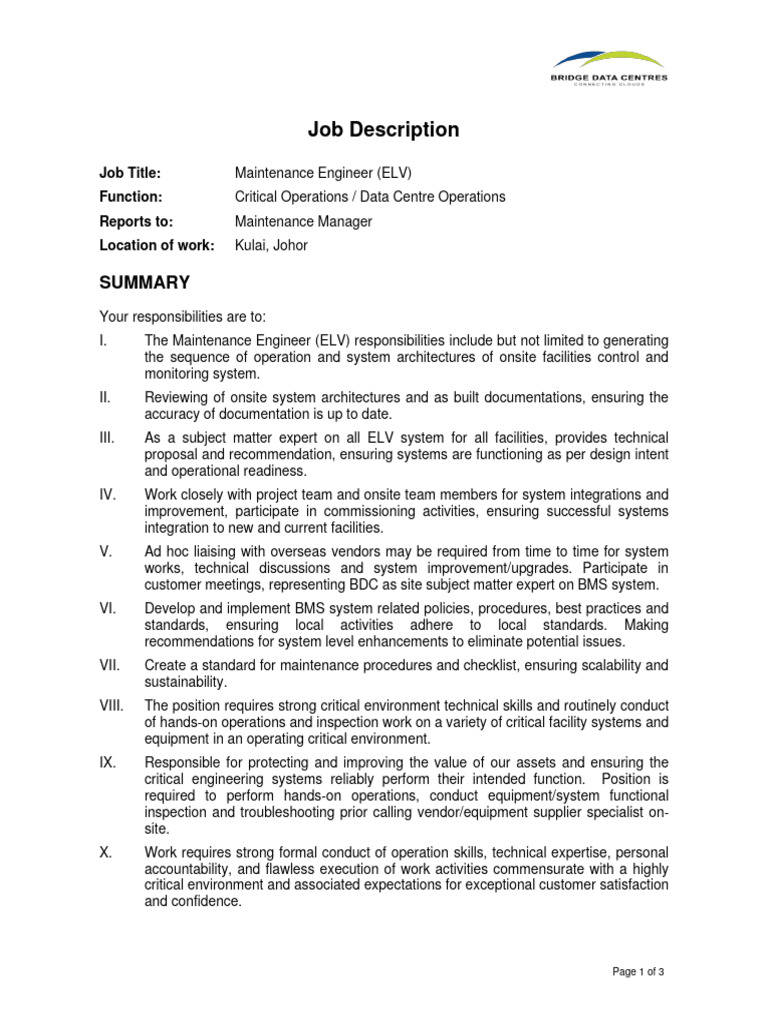 ELV Maintenance Engineer Job Overview | PDF | Technical Support | Safety