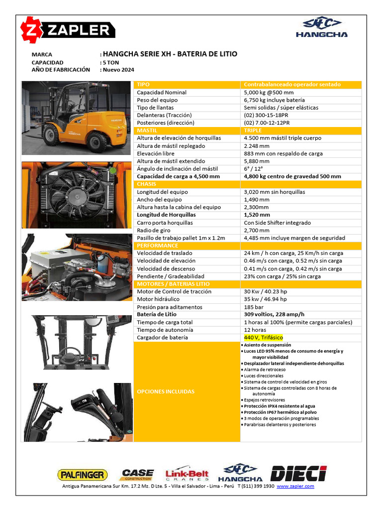 Ficha Tecnica - Montacargas Hangcha, Motor Electrico, 5TN, 4.5M | PDF ...