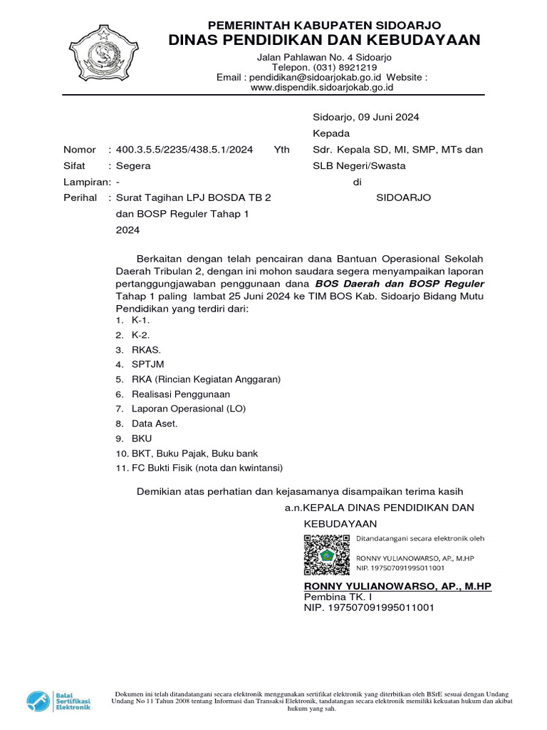 Surat Tagihan LPJ BOSDA TB 2 Dan BOSP Tahap 1 2024 | PDF