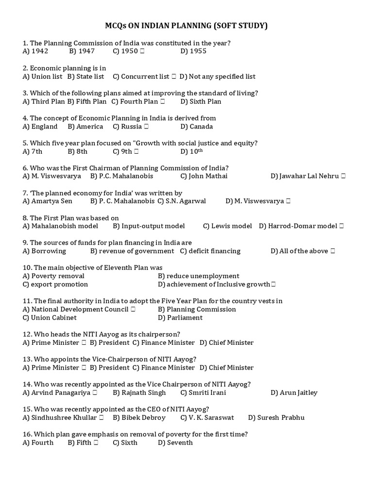 Mcqs On Indian Planning | PDF | Economies | Government
