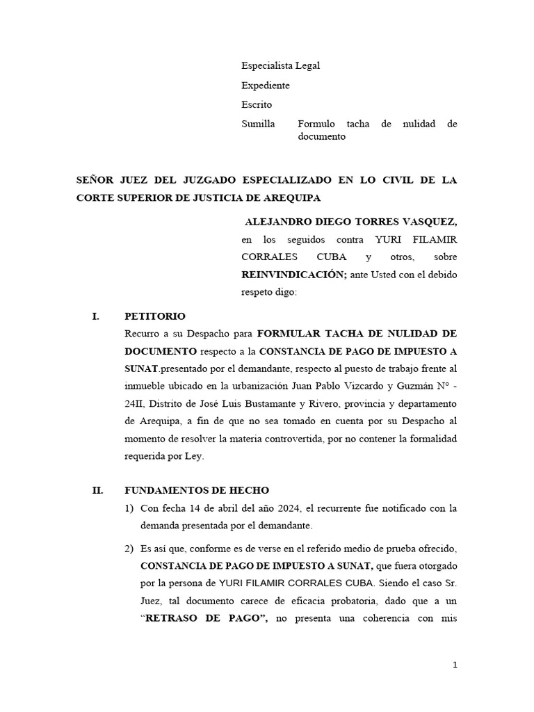 19 - Modelo de Escrito Formulo Tacha de Documento | PDF | Demanda judicial | Gobierno