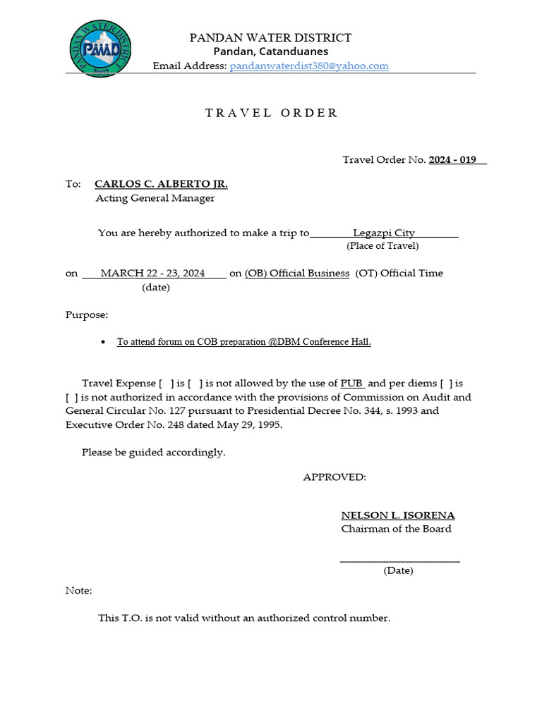 Travel Order | PDF