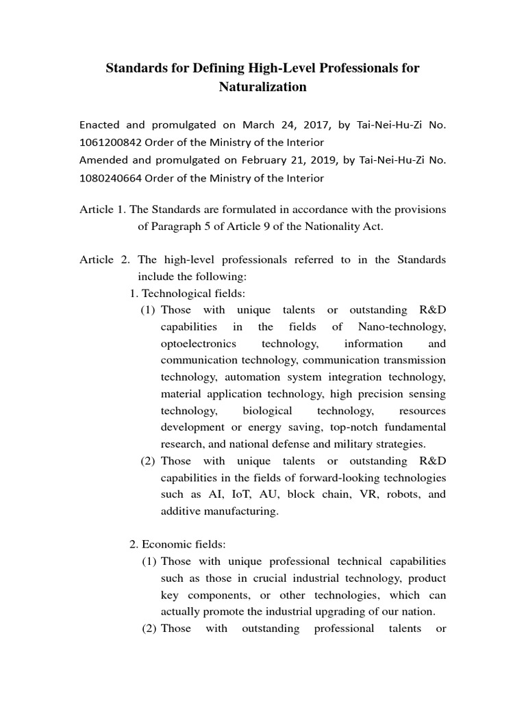 Standards For Defining High Level Professionals For Naturalization ...