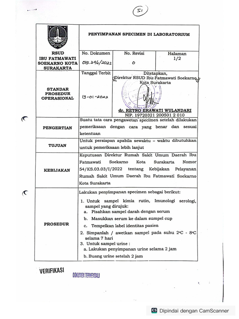 SPO Penyimpanan Spesimen Di Laboratorium | PDF