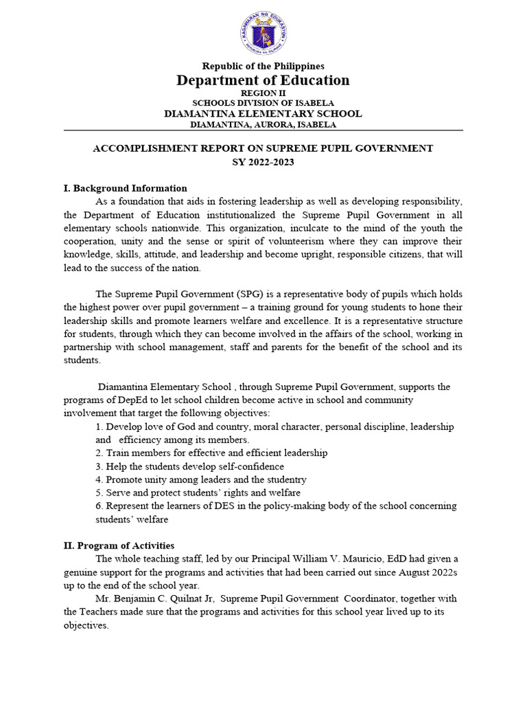 spg accomplishment report 2022-2023 | PDF | Leadership | Behavior Modification