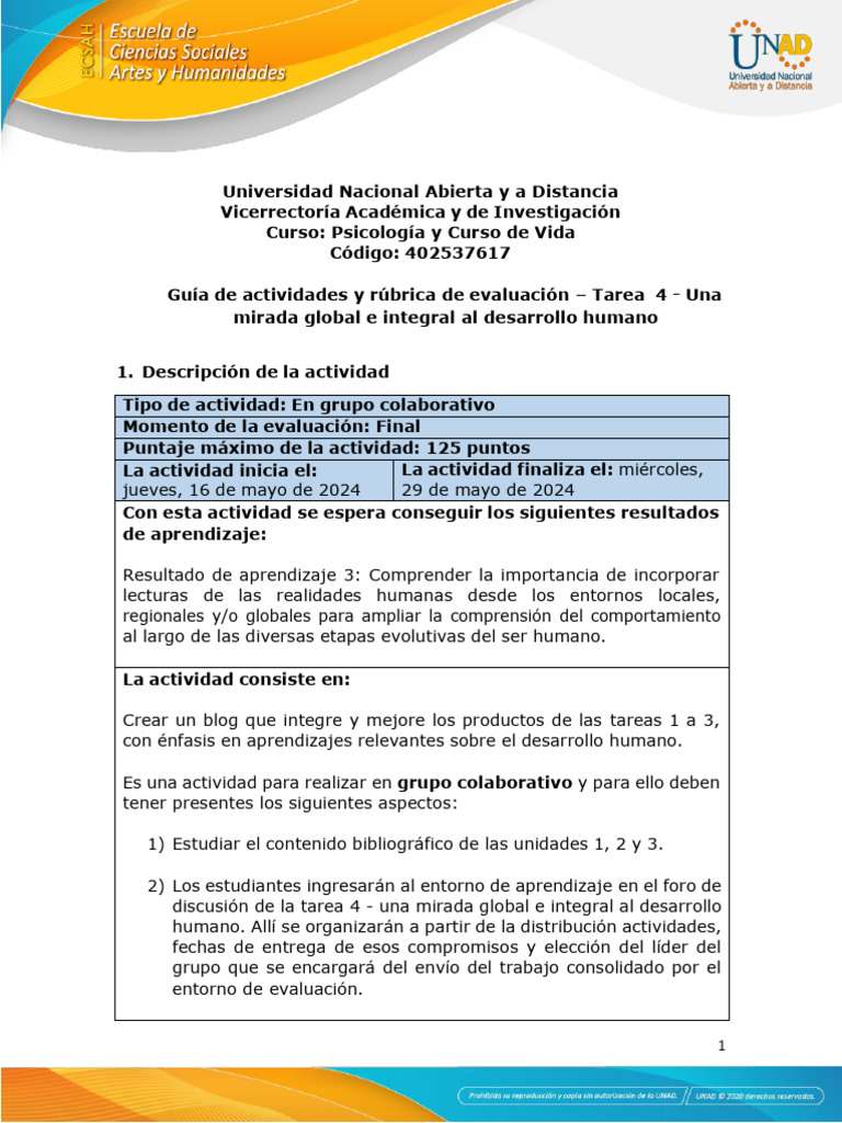 Guia Tarea 4 - Actividades y Rúbrica de Evaluación - Tarea 4 - Una Mirada Global e Integral Al ...