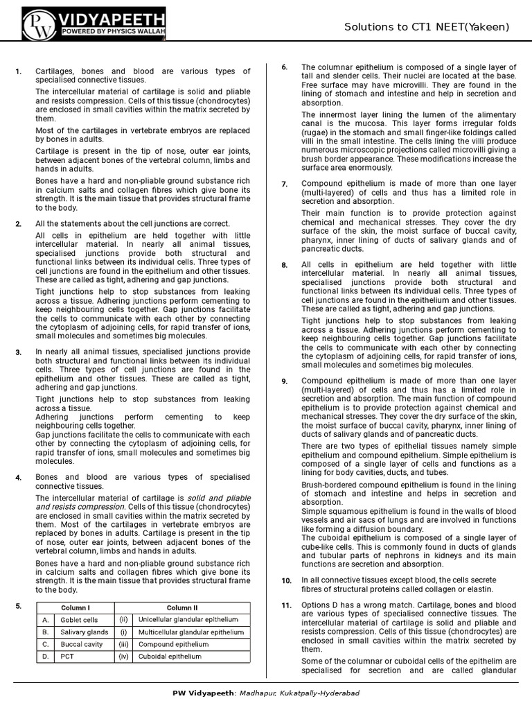 CT1 - NEET - Yakeen - 11-Jun-2024 - Solution | PDF | Epithelium | Connective Tissue