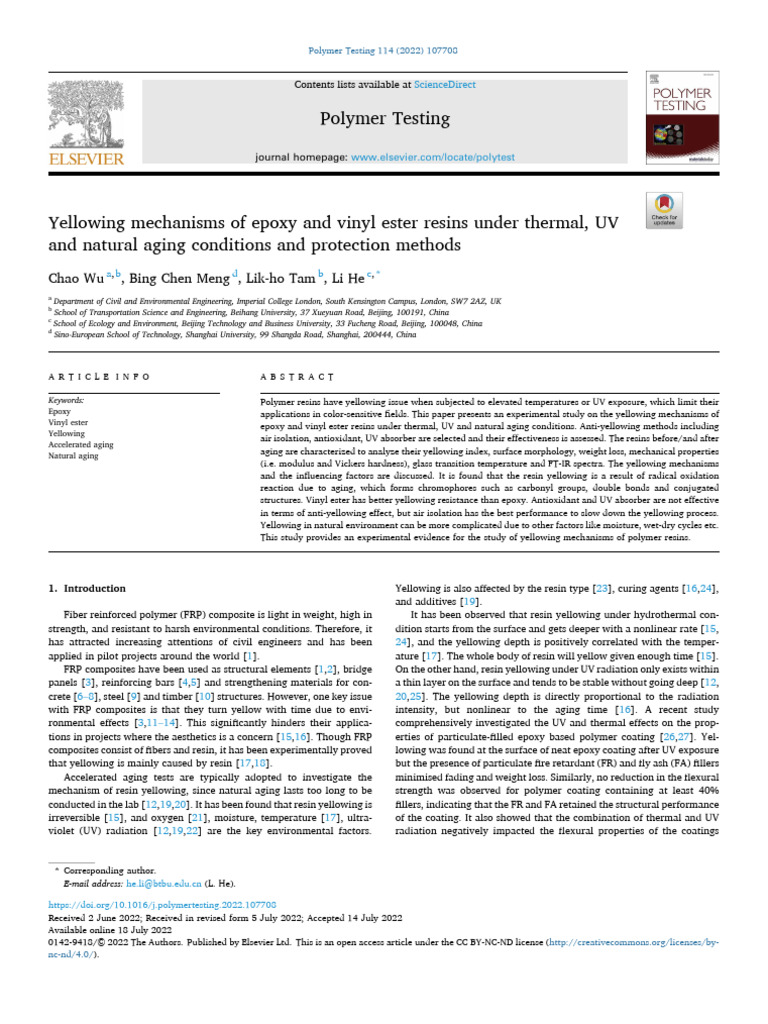 Yellowing Mechanisms of Epoxy and Vinyl Ester Resins Under Thermal, UV ...