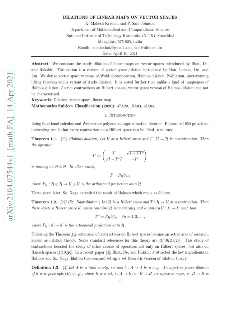 Dilations Of Linear Maps On Vector Space De Hilbert Pdf Vector