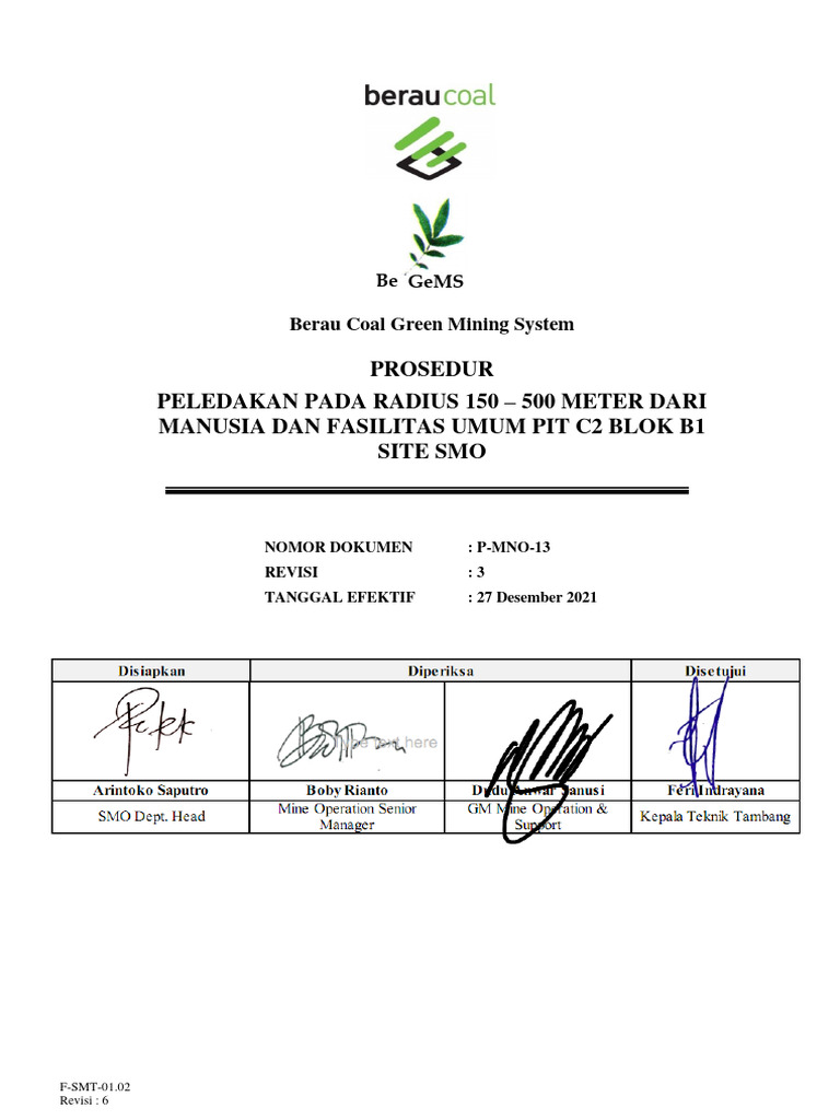 P-MNO-13 - Prosedur Peledakan Pada Radius 150-500 M Dari Manusia Dan Fasilitas Umum Pit C2 Blok ...