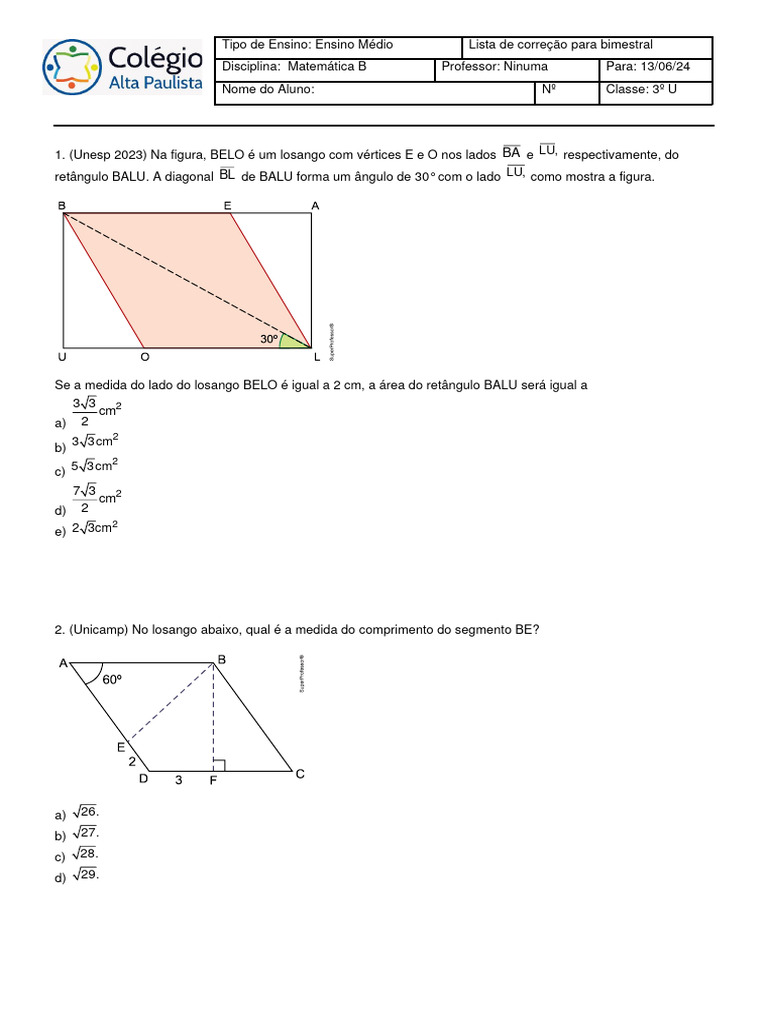 Exercícios de Geometria Plana | PDF | Triângulo | Geometria triangular