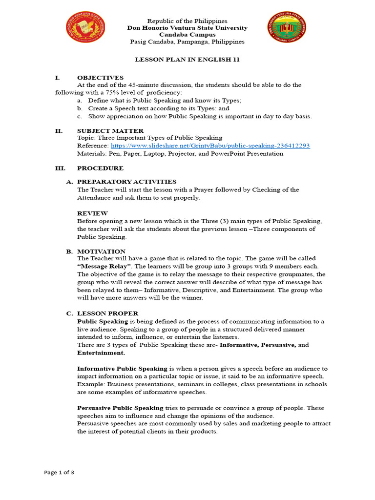 Public Speaking Lesson Plan Overview | PDF | Public Speaking | Human ...