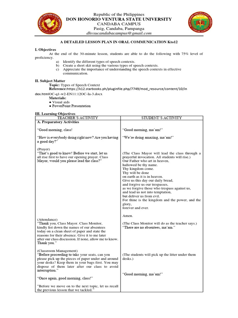 Types of Speech Context Lesson Plan | PDF | Communication | Lord's Prayer