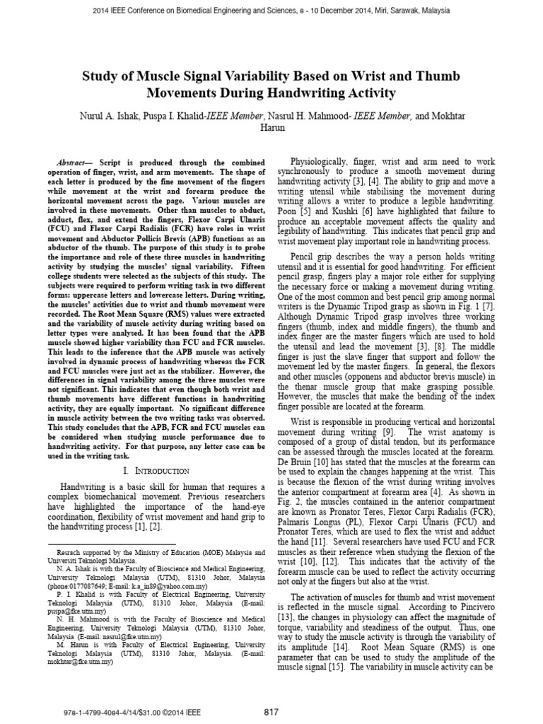 Study of muscle signal variability based on wrist and thumb movements during handwriting ...