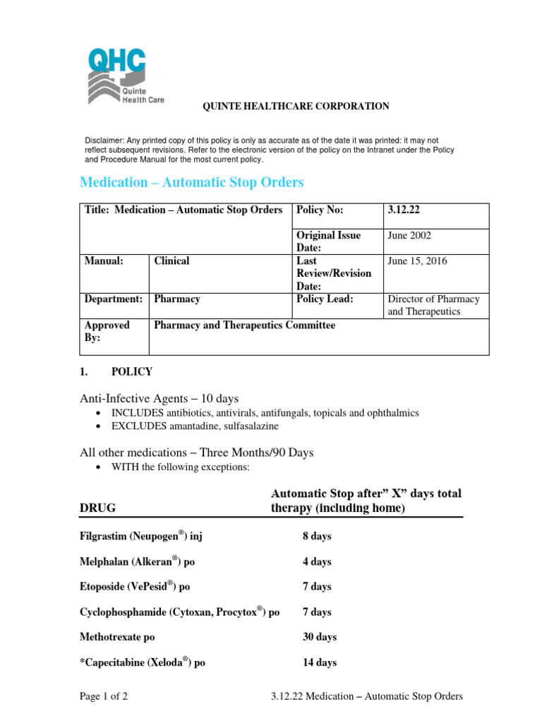 3.12.22 Medication Automatic Stop Orders November 2016 | PDF | Health ...