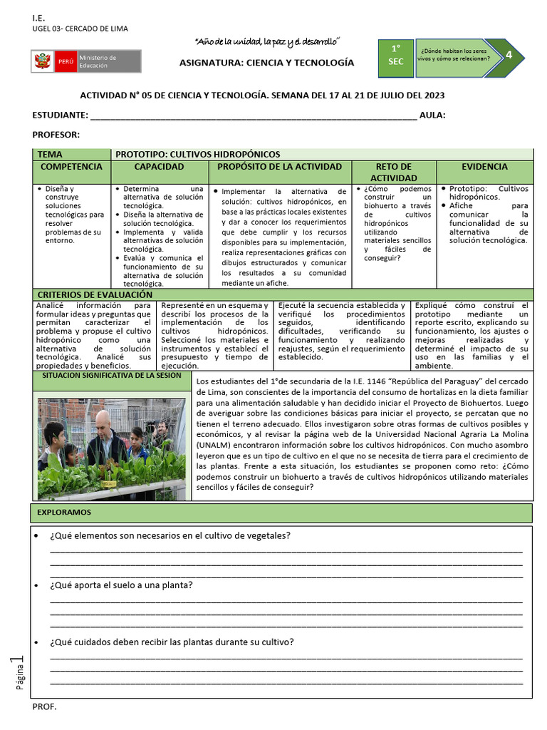 (PDF) 1° SEC. EDA 4 SEMANA 5 Diseña CYT 2023 Prototipo de Un Cultivo Sin Suelo | PDF ...
