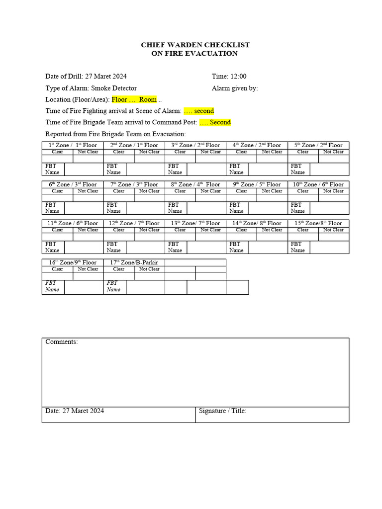 Chief Warden Fire Evacuation Checklist | PDF