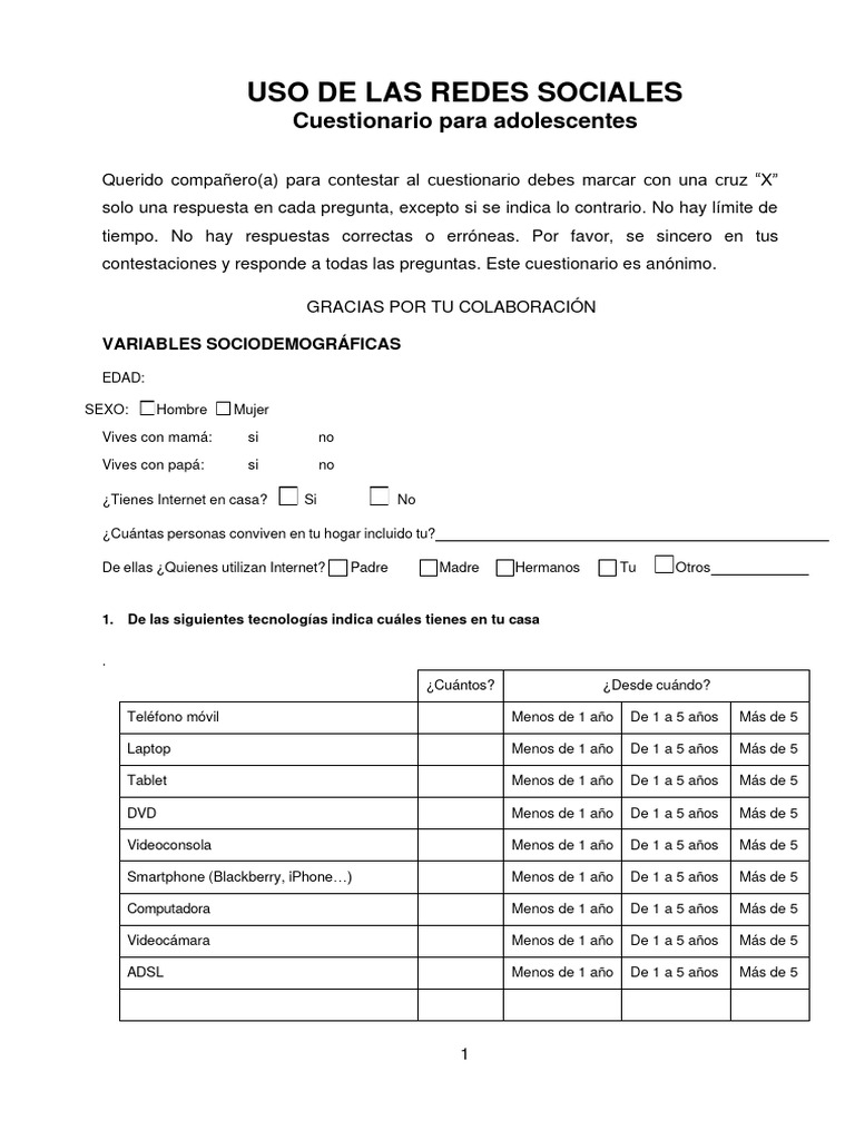 Uso de Las Redes Sociales. Cuestionario | PDF | Internet | Cuestionario