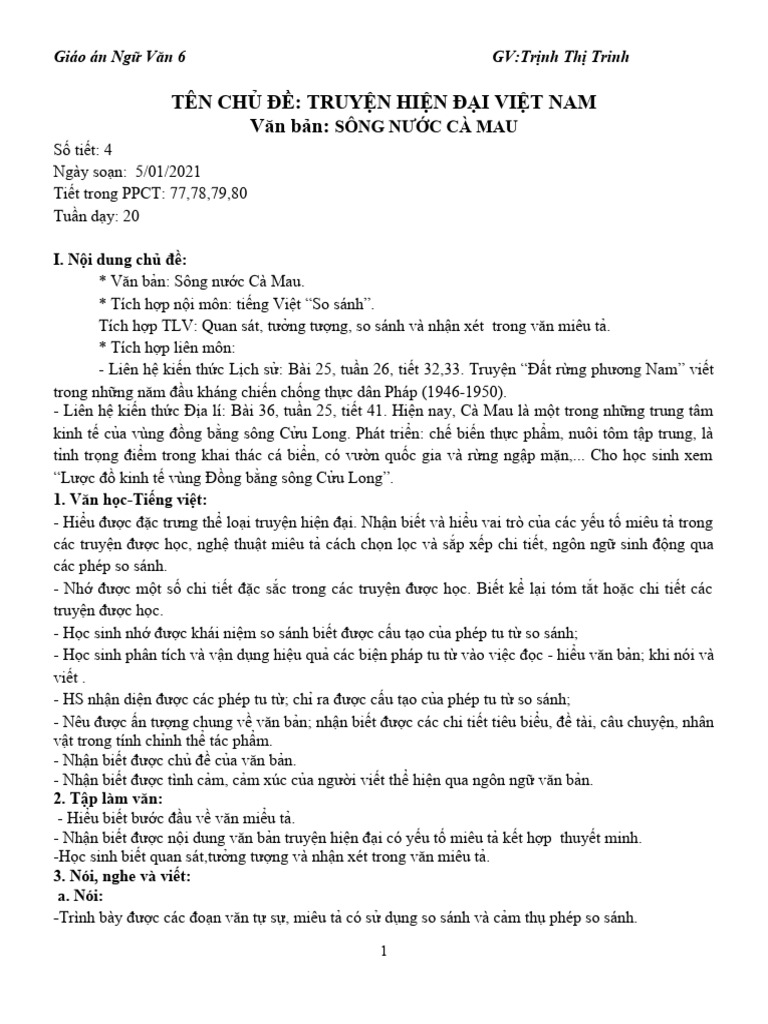 Giáo Án NG Văn 6 Tuan 20 - Chu de - Docx (2020-2021) .Docx Trinh Hàm Giang | PDF