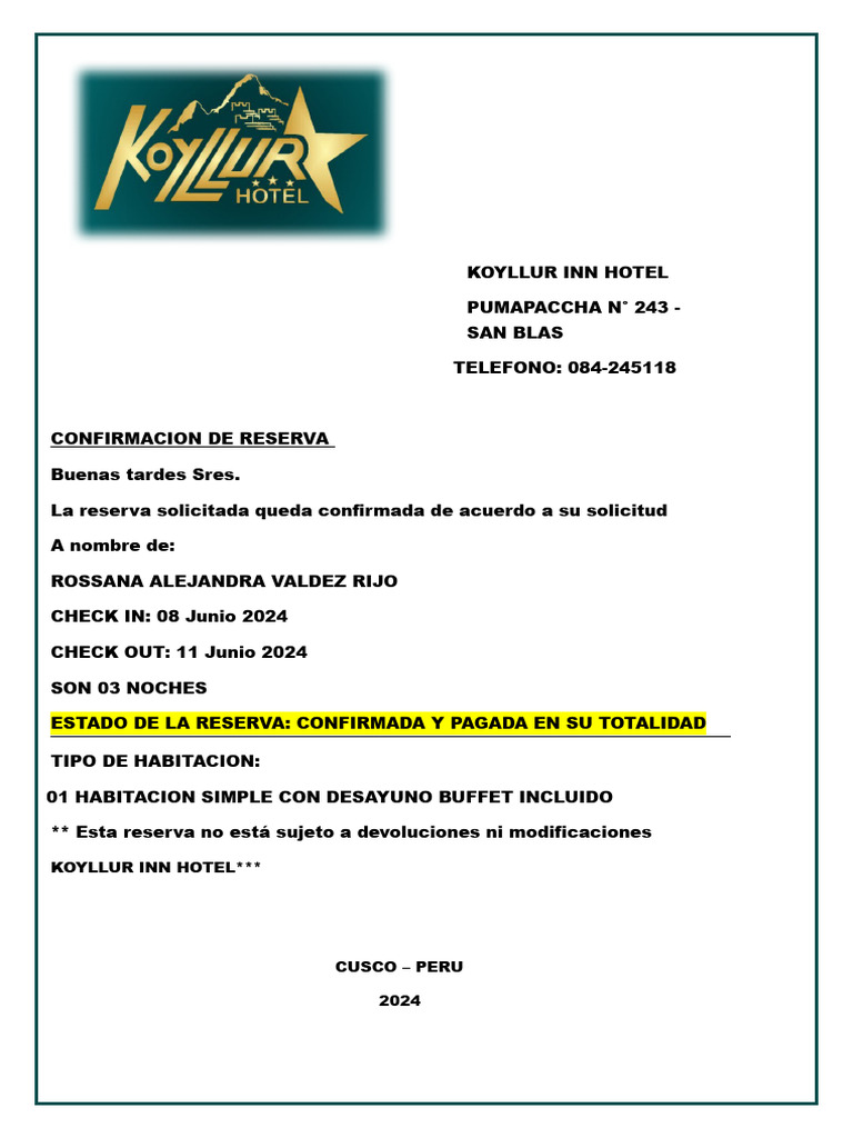 Reserva Confirmada Koyllur Inn Cusco | PDF